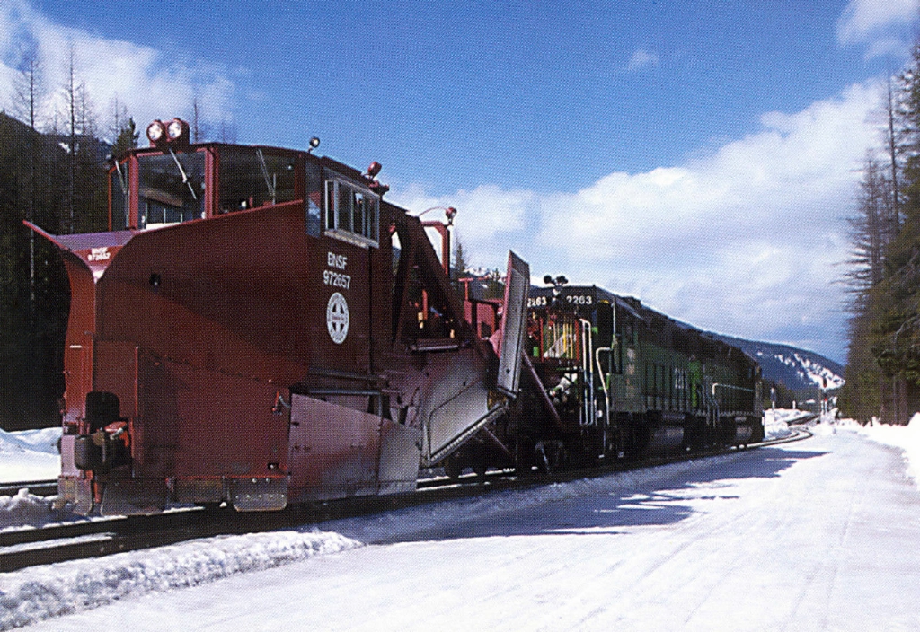 BN GM/EMD GP38-2 2263 and BN GM/EMD GP39-2 2735 with BNSF Snow Plow, Eastbound at the Crossovers